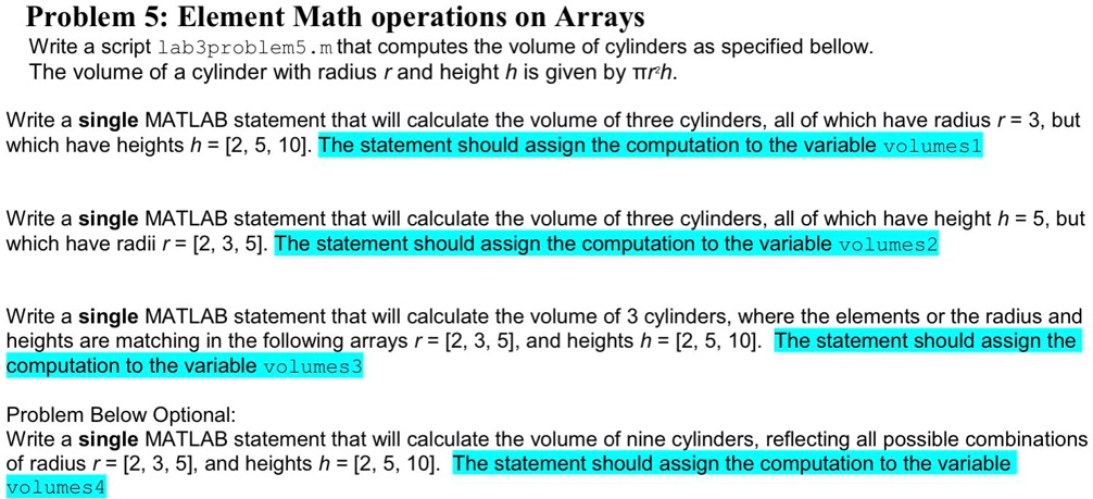 Solved Matlab Help Problem 5 Element Math Operations On Arrays Write A Script Lab3problem5