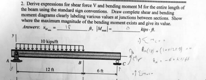 2 derive expressions for shear force v and bending moment m for the entire length of the beam ...