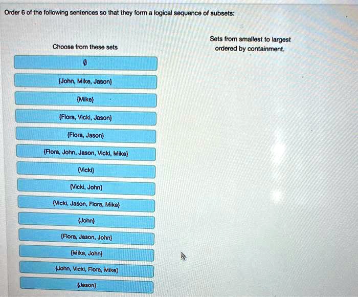 order 6 of the following sentences so that they form a logical sequence of subsets sets from ...