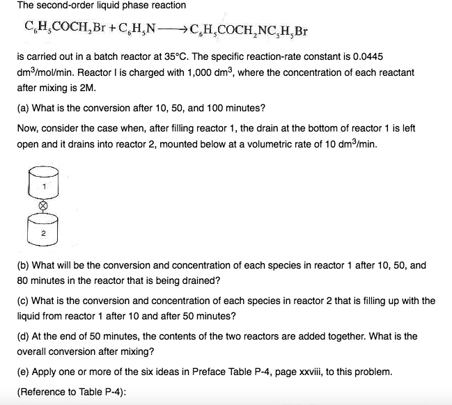 The second-order liquid phase reaction C6H5COCH2Br + C5H5N → C6H5COCH2NC5H5Br is carried out in ...