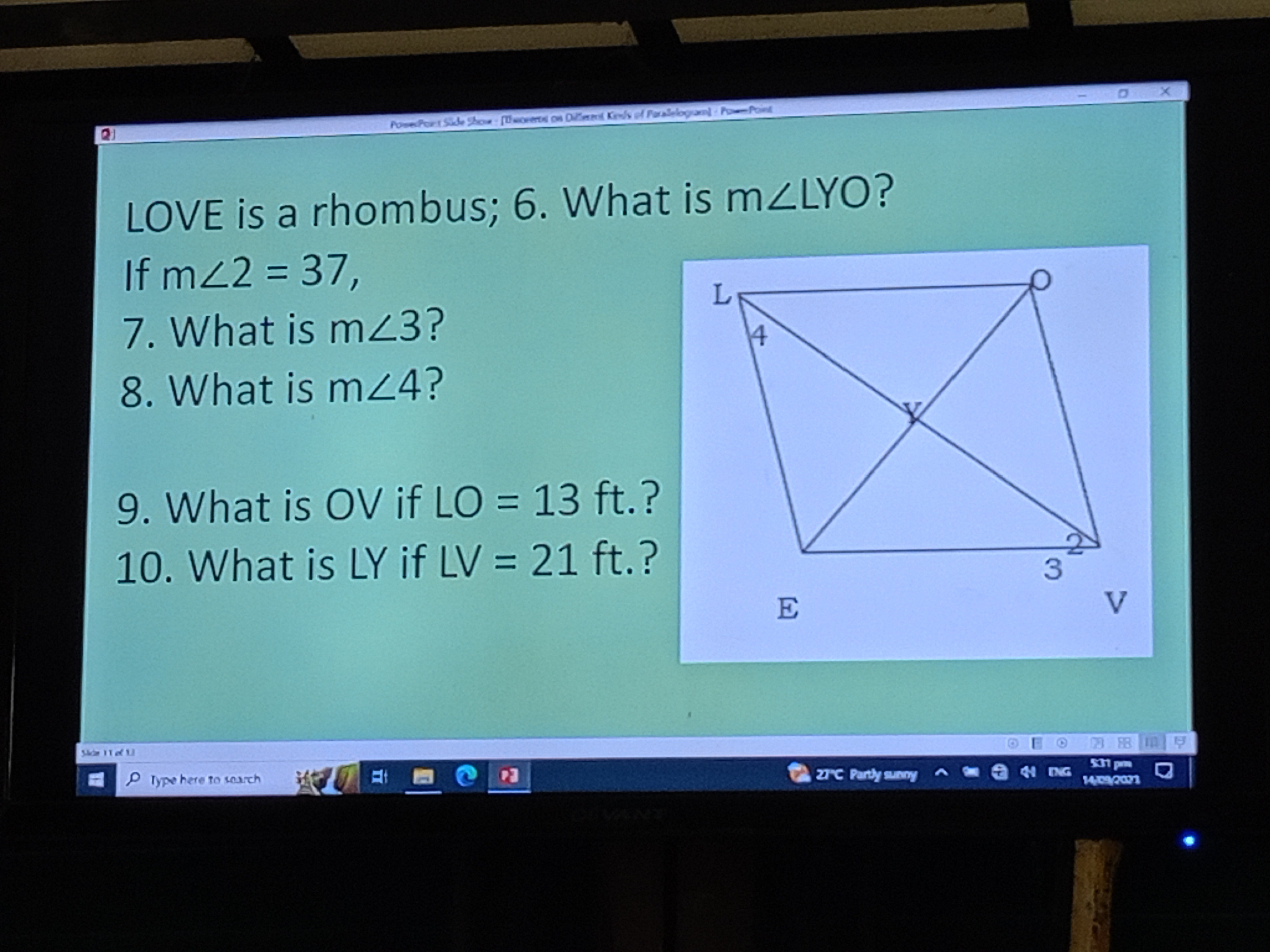 SOLVED: love is a rhombus; 6. What is mLYO? if m2=37