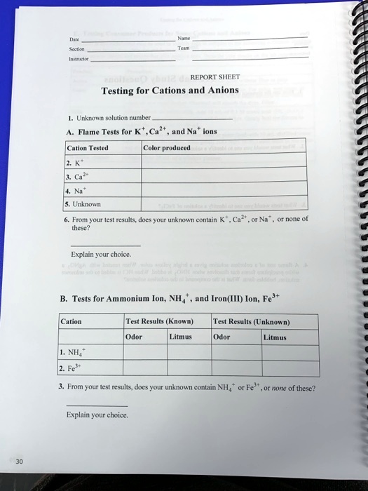 SOLVED:HmETe REPORT SHIEET Testing for Cations and Anions Unknou n ...