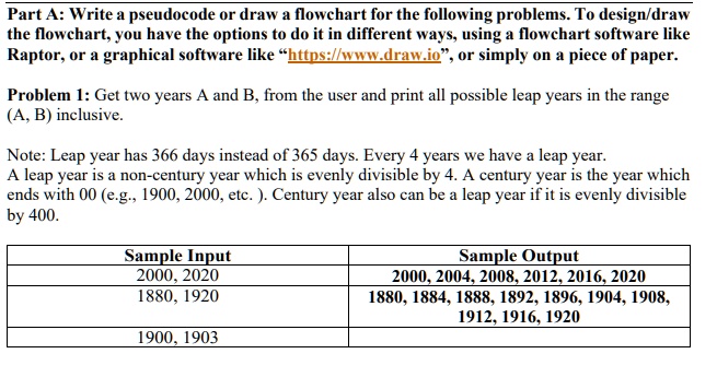 Solved Part A Write A Pseudocode Or Draw A Flowchart For The Following Problems To Design
