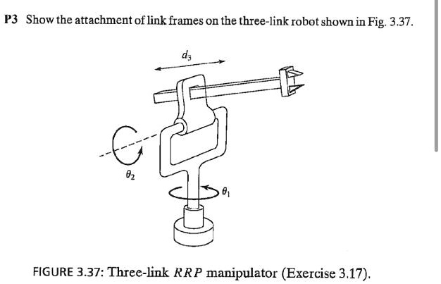P3 Show the attachment of link frames on the three-link robot shown in Fig. 3.37. d3 θ2 θ1 ...