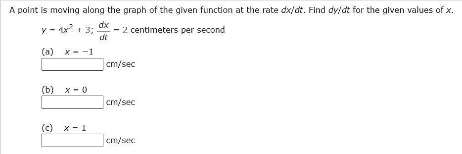 SOLVED: A point is moving along the graph of the given function at the rate dx/dt. Find dyldt ...