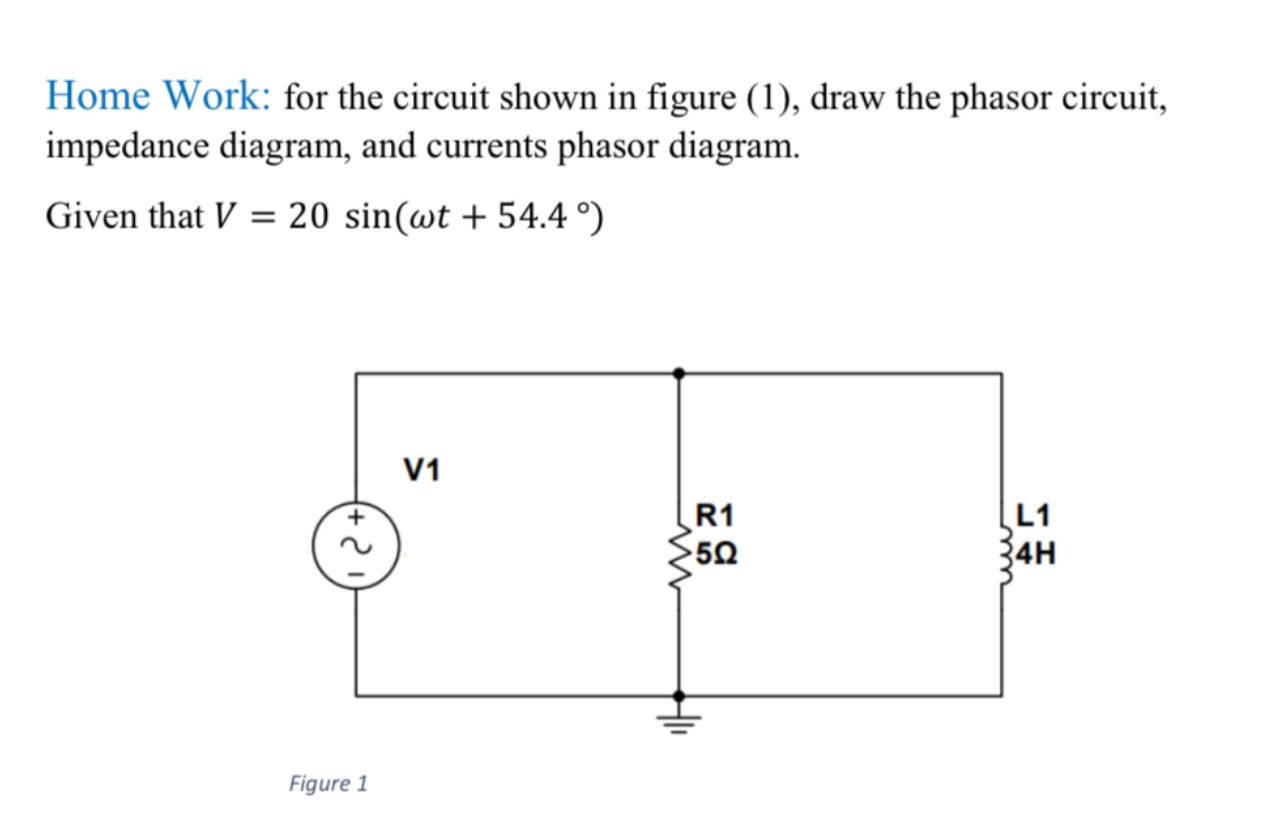 Home Work: for the circuit shown in figure (1), draw the phasor circuit, impedance diagram, and ...