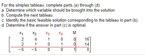 for the simplex tableau complete parts through determine which variable should be brought into ...