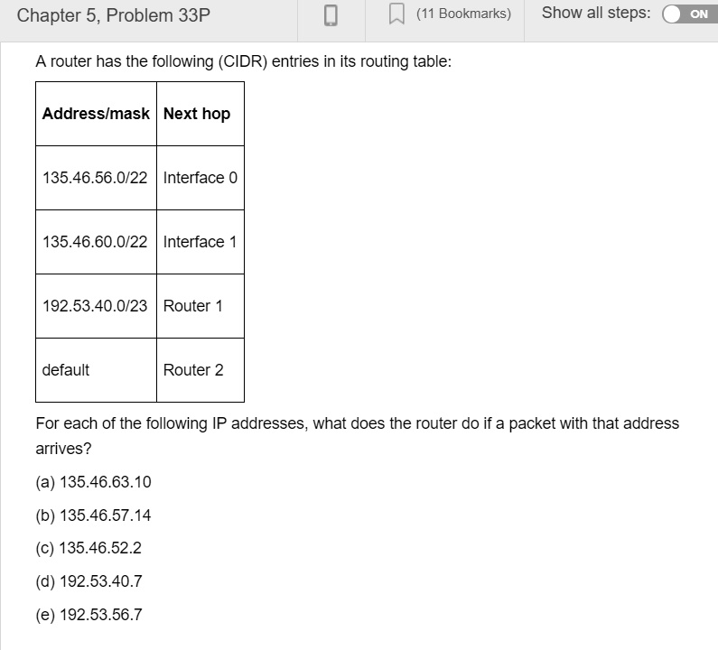 Chapter 5, Problem 33P A router has the following (CIDR) entries in its routing table: Address ...