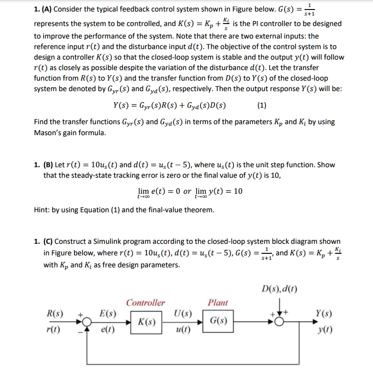 (A) Consider the typical feedback control system shown in Figure below. G(s)=(1)/(s+1 ...