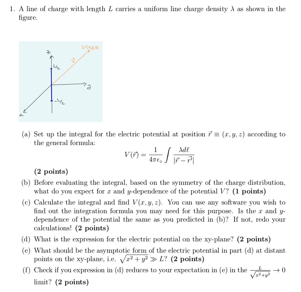 SOLVED: 1. A line of charge with length L carries uniform line charge ...