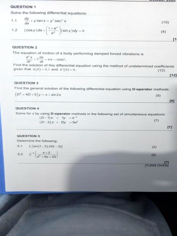 SOLVED: QUESTION Solve the following differential equations: dy 1a1 ytanx =y sec (10) 1.2 (cosy ...