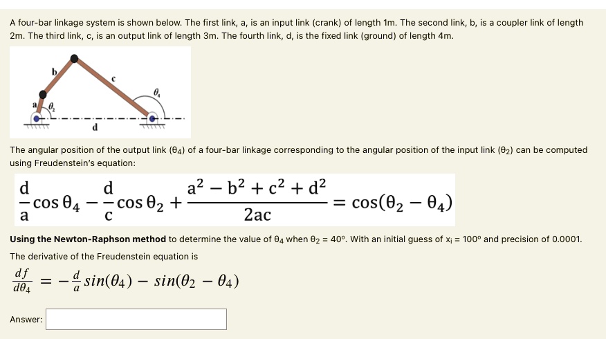 A four-bar linkage system is shown below. The first link, a, is an ...