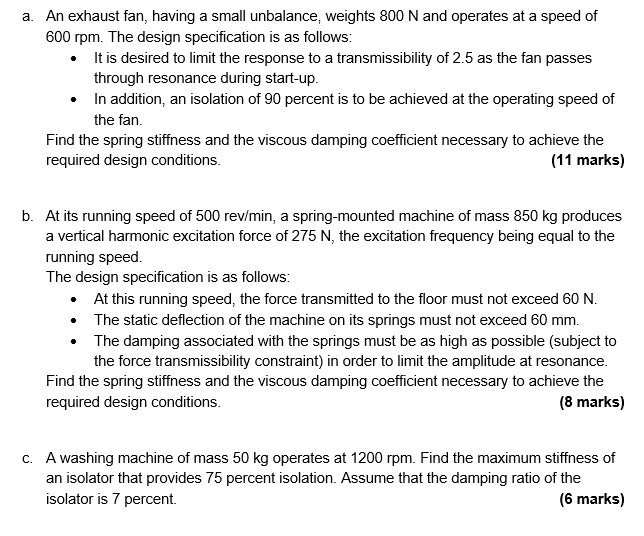 a. An exhaust fan, having a small unbalance, weights 800 N and operates ...