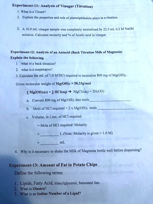 SOLVED: Experiment-11: Analysis of Vinegar (Titration) 1. What is a ...