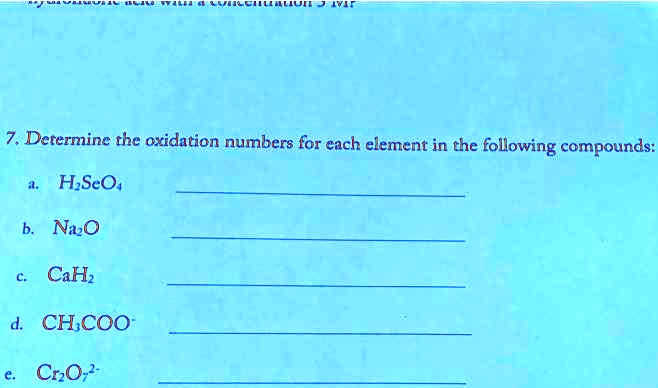 SOLVED: Determine the oxidation numbers for each element in the following compounds: H2SeO4 ...