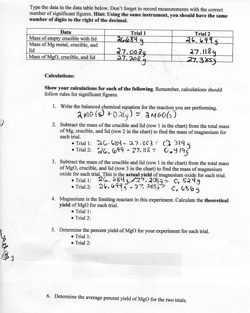 Can you please explain question 5 - determine the percent yield of MgO ...