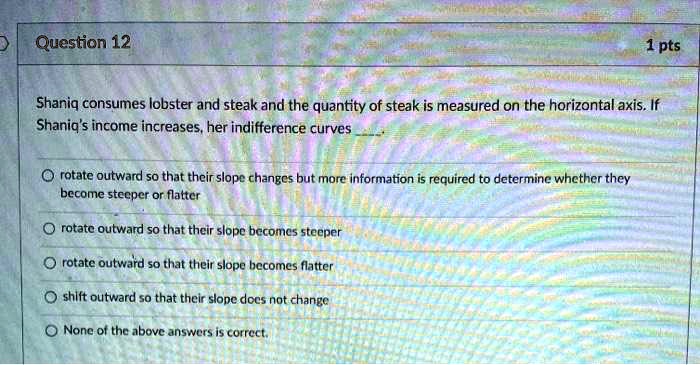 Question 12 1 pts Shaniq consumes lobster and steak and the quantity of ...