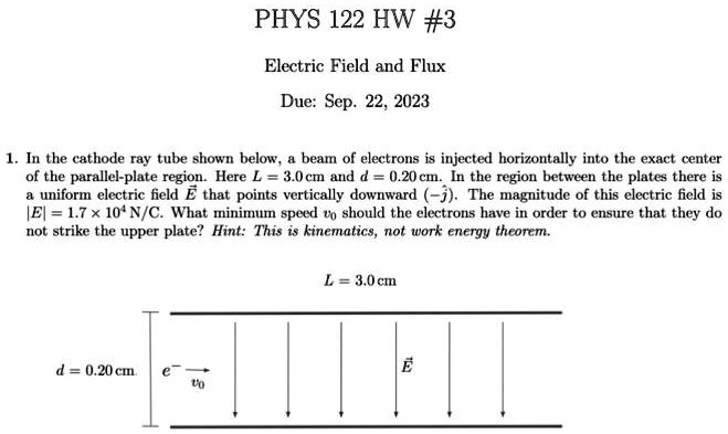 [GET ANSWER] PHYS 122 HW #3 Electric Field and Flux Due: Sep. 22, 2023 1. In the cathode ray ...