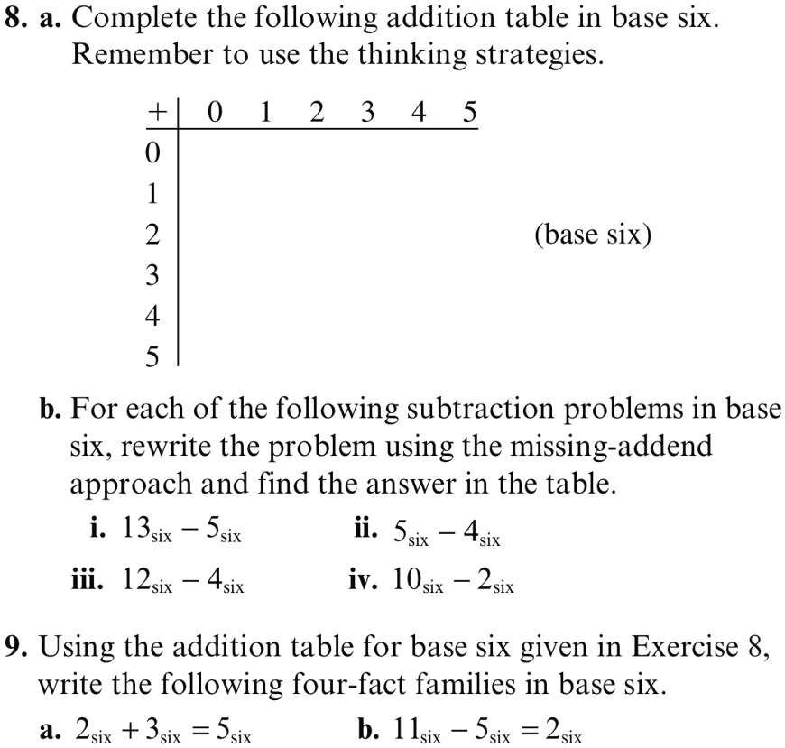 8. a. Complete the following addition table in base six. Remember to use the thinking strategies ...