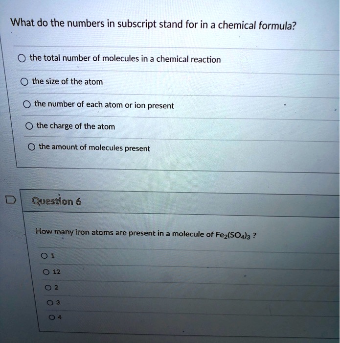 SOLVED:What do the numbers in subscript stand for in a chemical formula ...