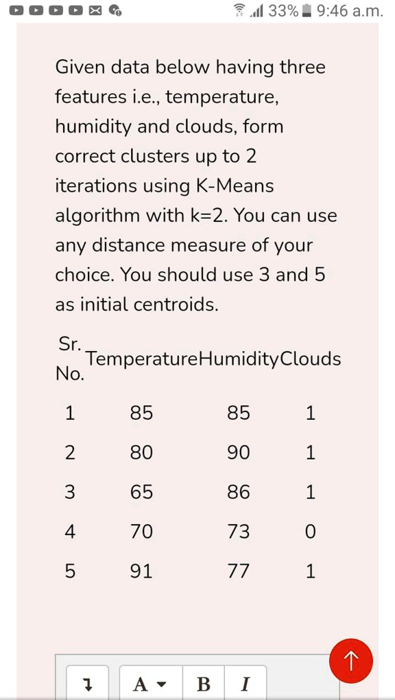Given data below having three features i.e., temperature, humidity and clouds, form correct ...