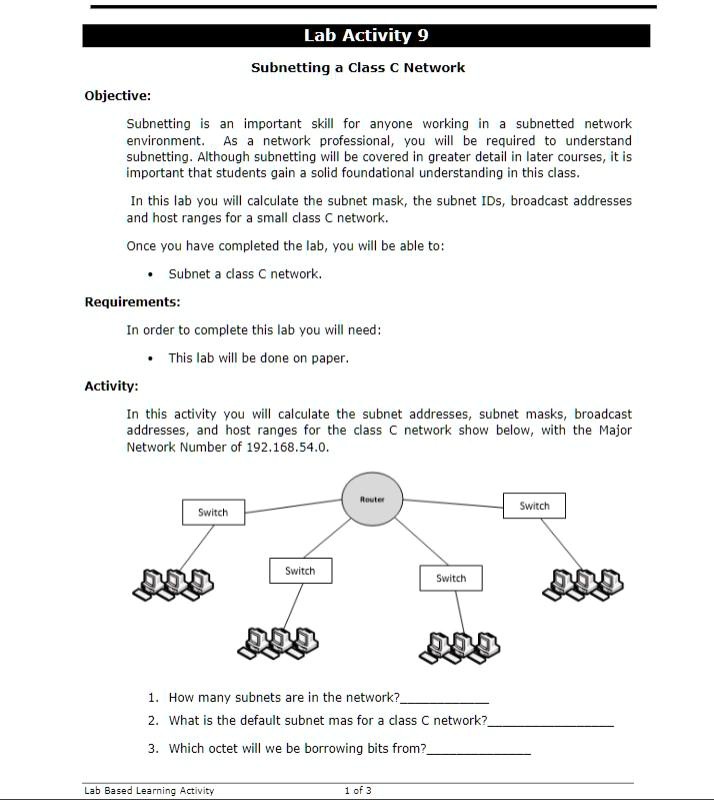 Objective: Lab Activity 9 Subnetting a Class C Network Subnetting is an ...