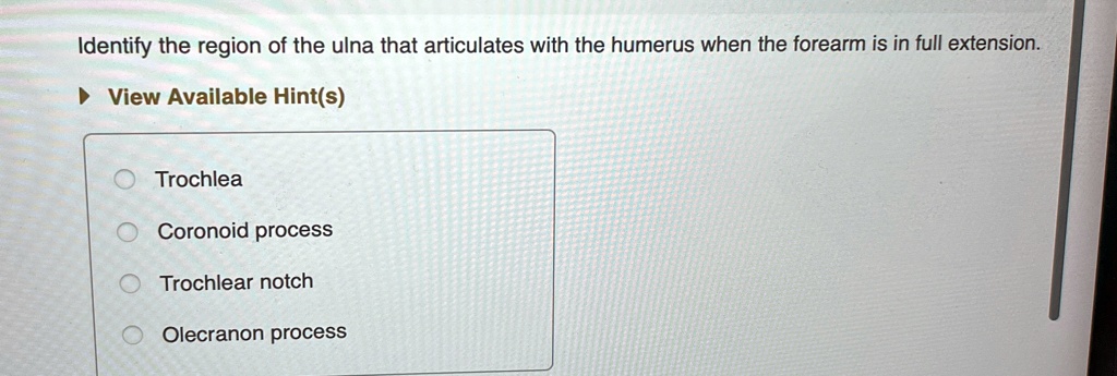 Identify the region of the ulna that articulates with the humerus when ...