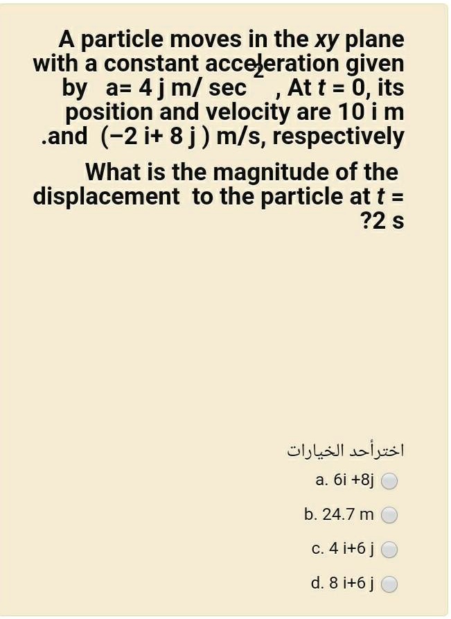 SOLVED: A particle moves in the xy plane with a constant acceleration given by a = 4j ml/sec. At ...