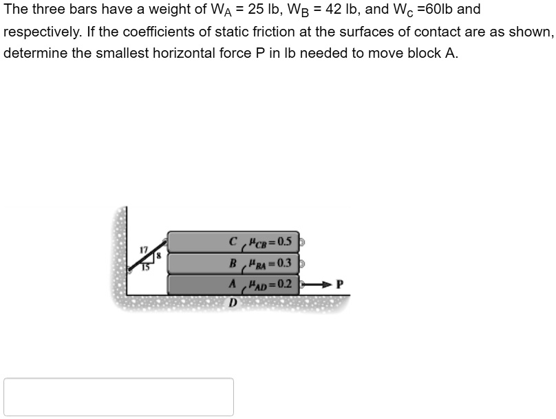The three bars have a weight of WA = 25 lb, WB = 42 lb, and WC = 60lb ...