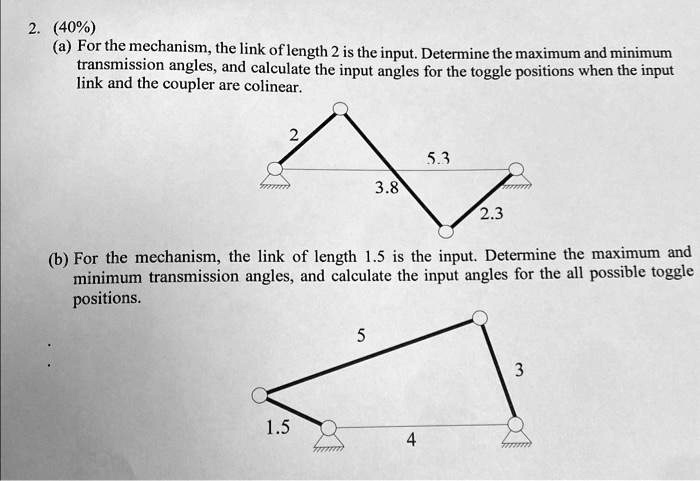 SOLVED: 2. (40%) link and the coupler are colinear. 5.3 3.8 b For the mechanism,the link of ...