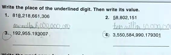 Write the place of the underlined digit. Then write its value. 1 ...