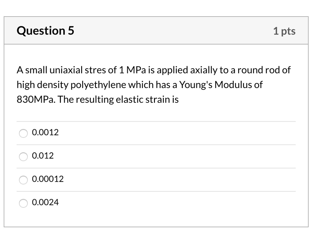 SOLVED: A small uniaxial stress of 1 MPa is applied axially to a round rod of high-density ...