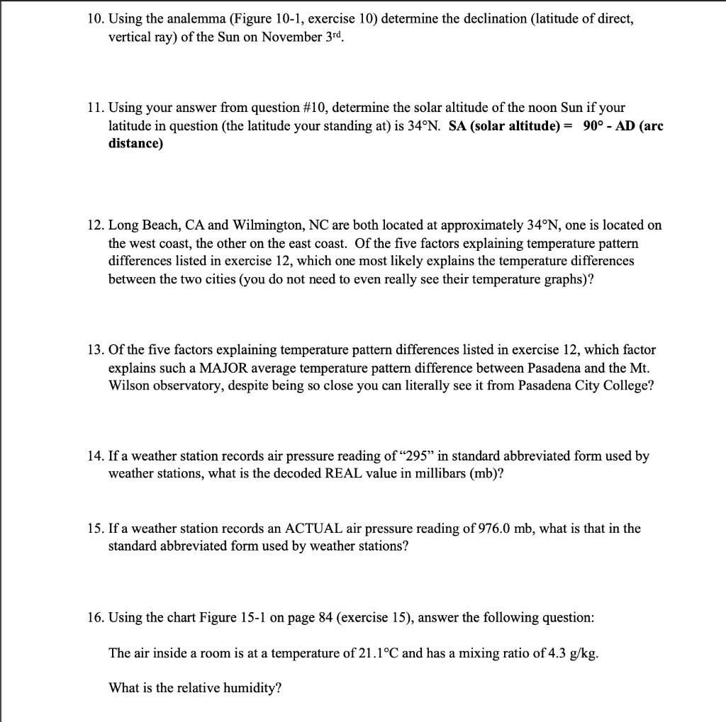 SOLVED: 10. Using the analemma (Figure 10-1, exercise 10), determine ...