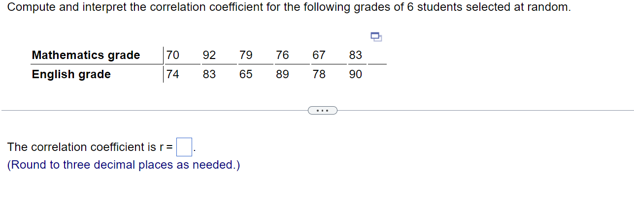 [GET ANSWER] Compute and interpret the correlation coefficient for the following grades of 6 ...