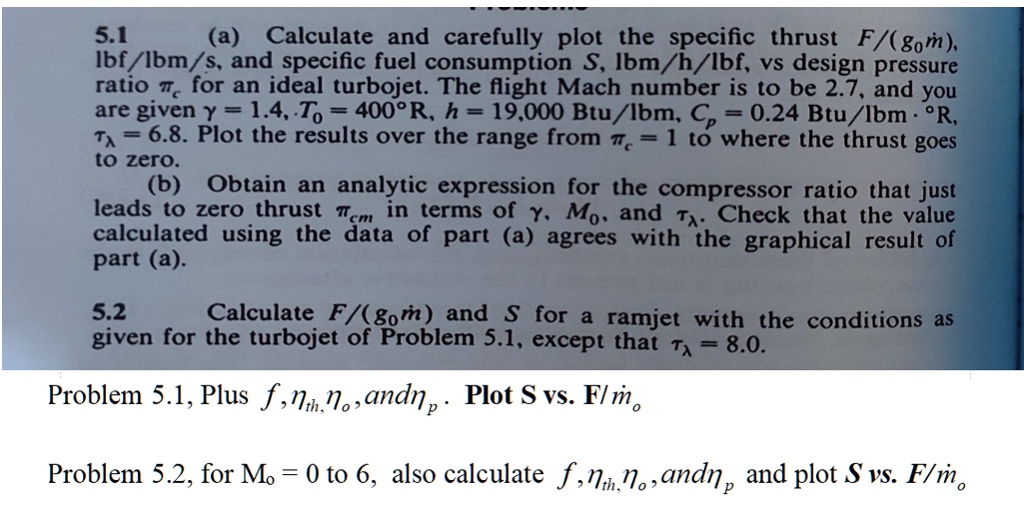 SOLVED: 5.1 (a) Calculate and carefully plot the specific thrust (F)/(g(0)(m^(˙))), lb(f)/(l)b(m ...