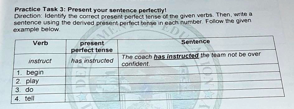 practice task 3 present your sentence perfectlydirection identify the ...