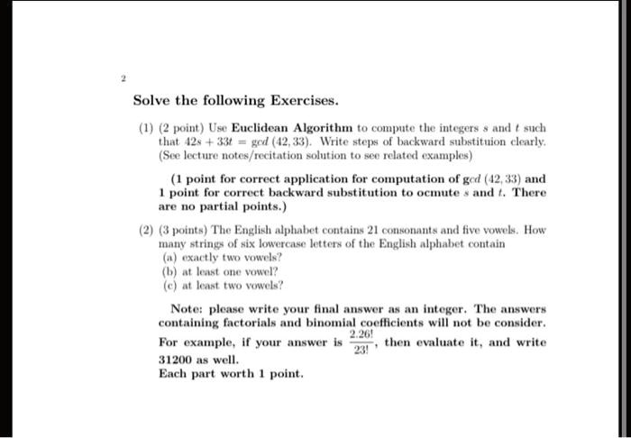 Solved Solve The Following Exercises I Point Un Euclidcan Algorithm Compute Tle Integera 8107