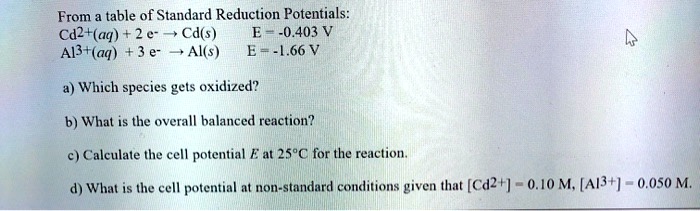 SOLVED: From table of Standard Reduction Potentials: Cd2+(aq) - 2 € Cd ...