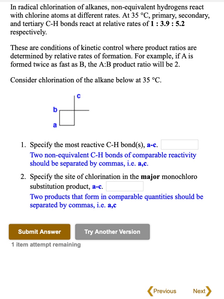 SOLVED: In radical chlorination of alkanes, non-equivalent hydrogens ...