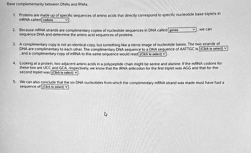 SOLVED: Base complementarity between DNAs and RNAs. Proteins are made up of specific sequences ...