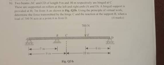 b) Iwo beams A C and C D of length 9 m and 10 m respectively are hinged ...
