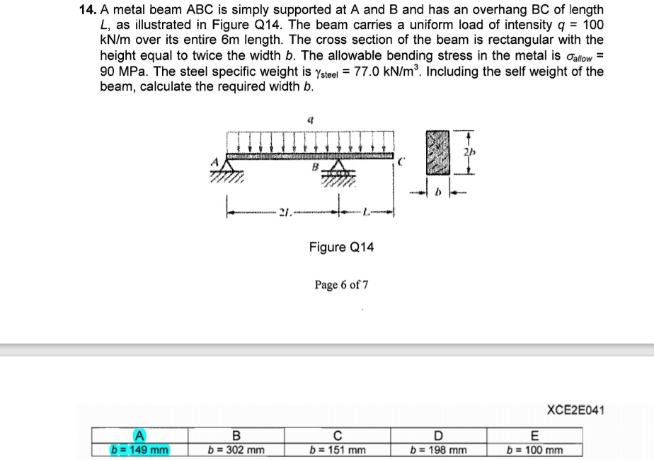 A metal beam ABC is simply supported at A and B and has an overhang BC ...
