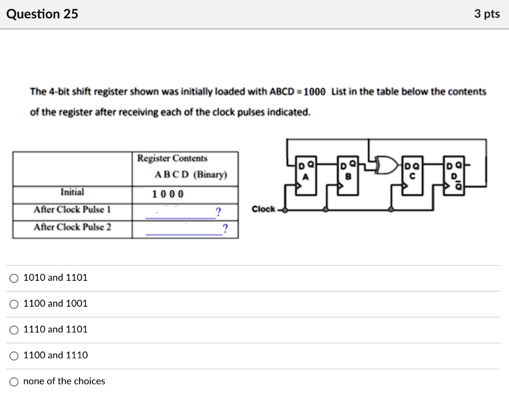 question 25 3 pts the 4 bit shift register shown was initially loaded ...