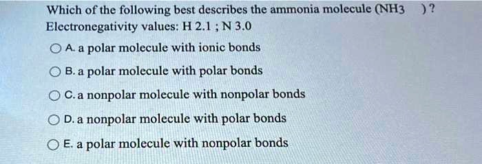SOLVED: Which of the following best describes the ammonia molecule (NH3 ...