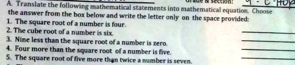 SOLVED: Translate the following mathematical statements into mathematical equations. Choose only ...