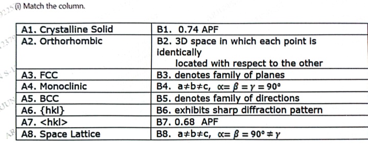 Match the column. A1. Crystalline Solid A2. Orthorhombic A3. FCC A4 ...