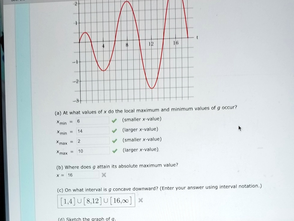 the local maximum and minimum values of g occur a at what values of x do smaller x value xmin ...