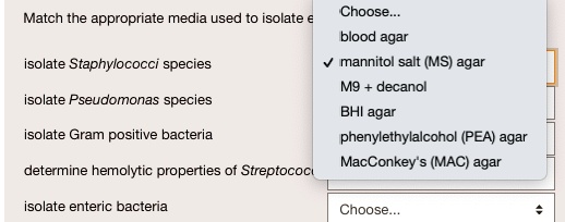 SOLVED:Match the appropriate media used to isolate Choose_ blood agar ...