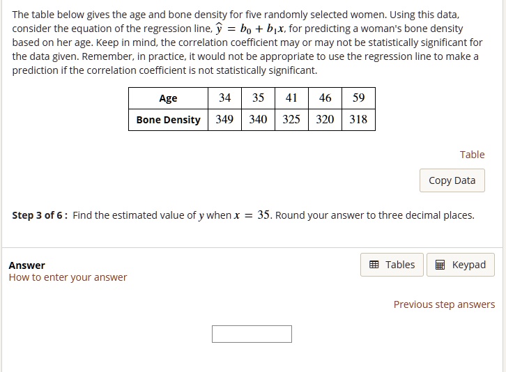 the table below gives the age and bone density for five randomly ...