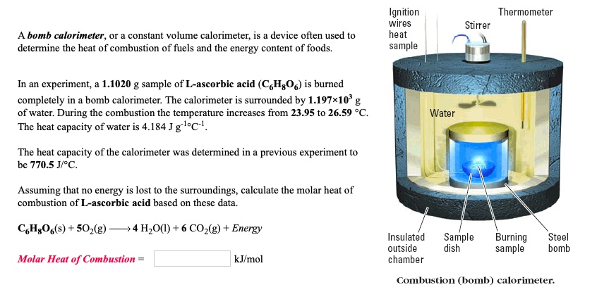 SOLVED: Ignition wires heat sample Thermometer Stirrer bomb calorimeter ...